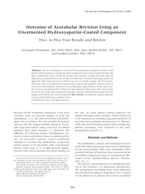 Pdf Outcome Of Acetabular Revision Using An Uncemented Hydroxyapatite Coated Component