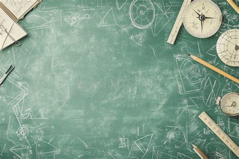 Vintage Chalkboard With Mathematical Drawings And Geometry Tools Stock