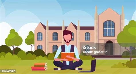 현대 국립 대학 건물 외관 보기 사람을 준비 하는 캠퍼스 마당에 잔디에 앉아 남성 학생 시험 졸업 교육 개념 평면 수평 개념에 대한 스톡 벡터 아트 및 기타 이미지 Istock