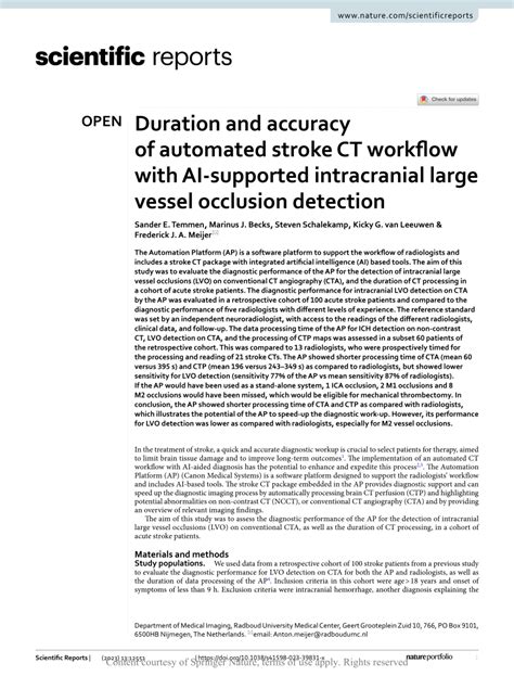Pdf Duration And Accuracy Of Automated Stroke Ct Workflow With Ai Supported Intracranial Large