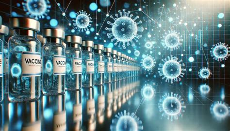 Row Of Vaccine Vials With Floating Virus Particles In A Futuristic Lab Stock Illustration