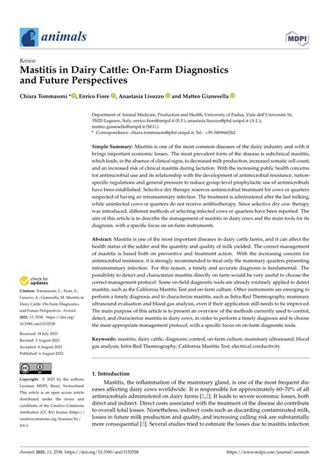 Pdf Mastitis In Dairy Cattle On Farm Diagnostics And Future Perspectives