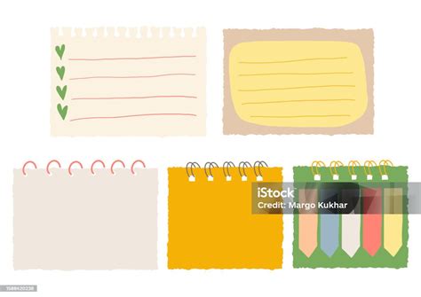찢어진 종이 시트 메모 모음입니다 플래너 스크랩북 일기 일정을 위한 손으로 그린 스티커 레트로 스타일의 귀여운 요소 스케치 드로잉 페이퍼 요소 벡터 만화 격리 된 그림