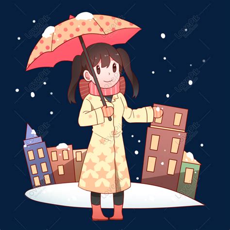 큰 우산을 가진 어린 소녀 Png 일러스트 무료 다운로드 Lovepik
