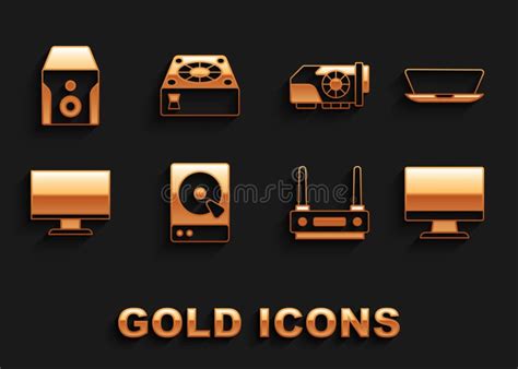 Set Hard Disk Drive HDD Laptop Computer Monitor Screen Router And Wi Fi Signal Video Graphic