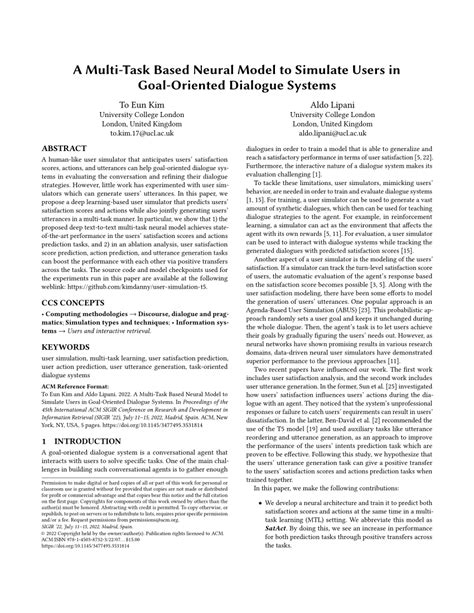 Pdf A Multi Task Based Neural Model To Simulate Users In Goal