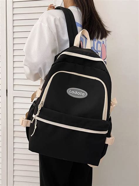 Contrast Binding Letter Patch Decor Functional Backpack Backpacks