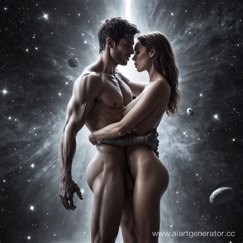 Naked Couple Lovers Embracing In Otherworldly Space AI Art Generator