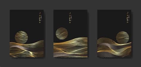 Japanese Landscape Background Set Cards Gold Line Wave Pattern Vector Illustration Golden