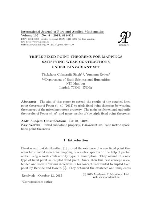 Pdf Triple Fixed Point Theorems For Mappings Satisfying Weak Contractions Under F Invariant Set