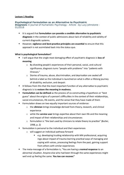 Lecture 1 Reading Notes Formulation Lecture 1 Reading Psychological