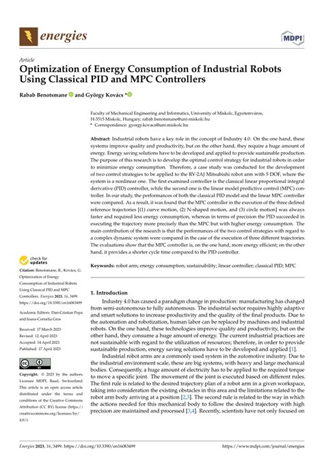 Pdf Optimization Of Energy Consumption Of Industrial Robots Using Classical Pid And Mpc