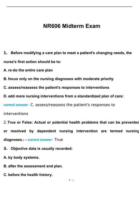 Nr 606 Midterm Exam Actual Questions And Answers 2024 With Complete Solution Chamberlain Nr