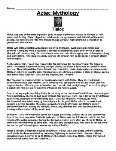 Aztec Gods Assignment Bundle 12 Articles Wquestions Teaching Resources