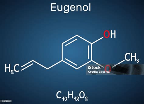 에센셜 오일 분자인 유게놀 음식과 차의 향료로 사용되며 치통을 치료하는 허브 오일로 사용됩니다 구조적 화학 적 포뮬러 및 분자
