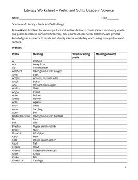 High Babe Science Literacy Worksheet Science Prefixes And Suffixes