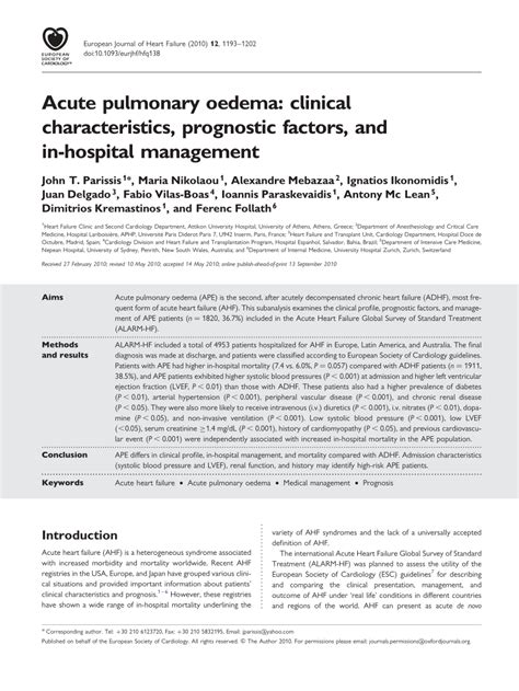 Pdf Acute Pulmonary Oedema Clinical Characteristics Prognostic Factors And In Hospital
