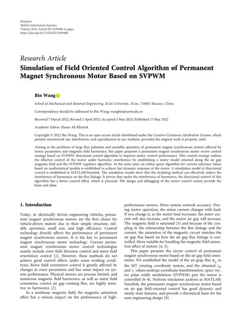 Pdf Simulation Of Field Oriented Control Algorithm Of Permanent Magnet Synchronous Motor Based