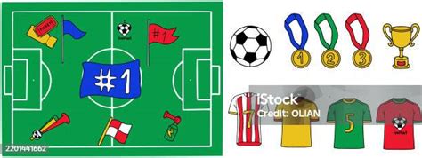 벡터 축구 아이콘 팬 도구 및 낙서 스타일의 축구 선수권 대회에 대 한 플래그 세트입니다 축구 카드 금컵과 메달이 있는 공 티셔츠 0명에 대한 스톡 벡터 아트 및 기타