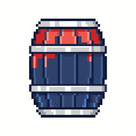 Pixel Art Wooden Barrel Icon With Red And Blue Details For Game Design