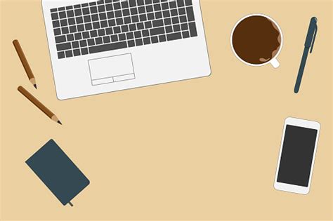 노트북과 스마트폰을 갖춘 사무용 책상 위에서 보기 벡터 일러스트 바로 위에 대한 스톡 벡터 아트 및 기타 이미지 바로 위