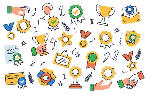 낙서상 수상 챔피언 수상자 성공 트로피 라인 스케치 디자인 요소 추상 세트 메달에 대한 스톡 벡터 아트 및 기타 이미지 메달 상 성공 Istock