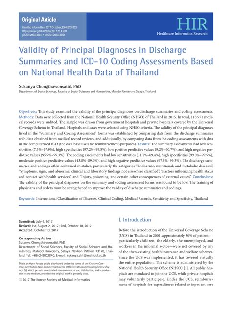 Pdf Validity Of Principal Diagnoses In Discharge Summaries And Icd 10