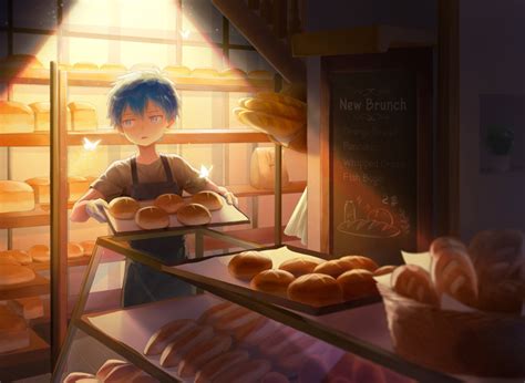 Safebooru 1boy Apron Averting Eyes Bakery Blue Apron Blue Eyes Blue