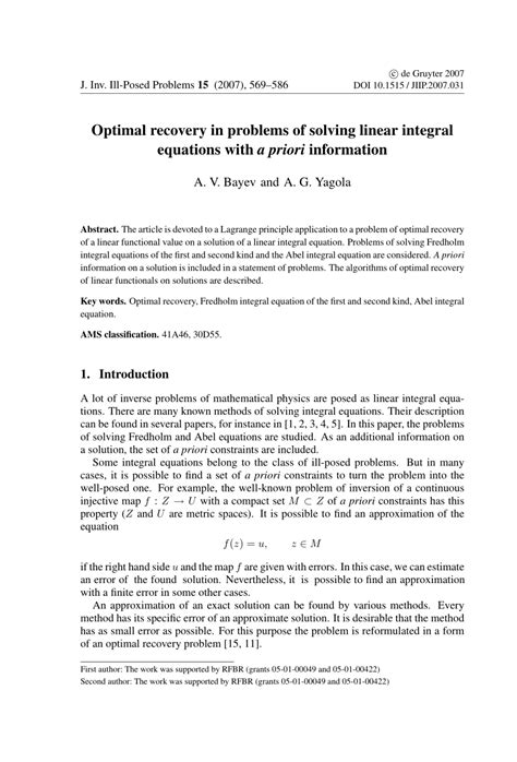 Pdf Optimal Recovery In Problems Of Solving Linear Integral Equations