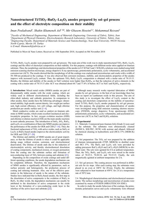 Nanostructured Ti Tio2 Ruo2 La2o3 Anodes Prepared By Sol Gel Process And The Effect Of