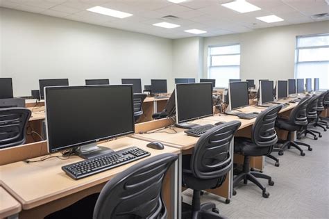 Classroom With Rows Of Computers Premium Ai Generated Image