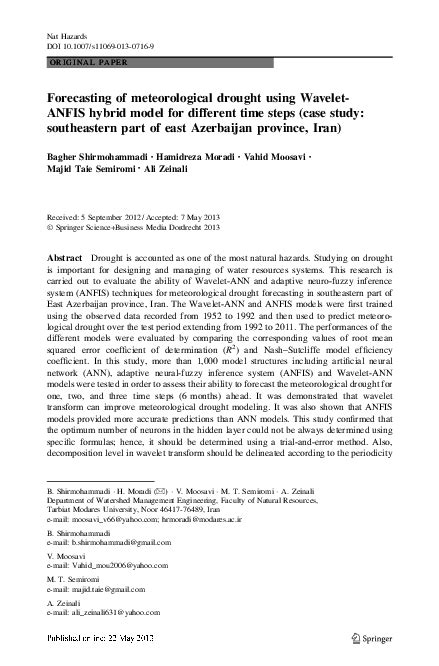 Pdf Forecasting Of Meteorological Drought Using Wavelet Anfis Hybrid Model For Different Time