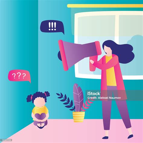 부모를 학대하는 아이 어머니는 불행한 딸에게 라우드 스피커로 외칩니다 만화 여자는 방의 구석에 앉아 불행한 소녀를 꾸짖 어머니에 대한 스톡 벡터 아트 및 기타 이미지