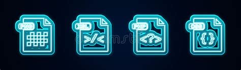 Set Line Png File Document Xsl Php And Css Glowing Neon Icon Stock Vector Illustration Of