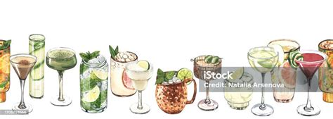 수채화 칵테일 안경 이음매 없는 배너 마티니 진 와인 마가리타 잔 주류 럼주 손으로 그린 그림은 흰색 배경에 분리되어 있습니다 알코올 음료가 포함된 레시피 목록에 적합 검은