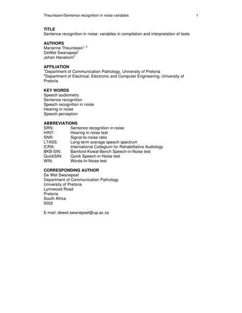 Pdf Sentence Recognition In Noise Variables In Compilation And Interpretation Of Tests