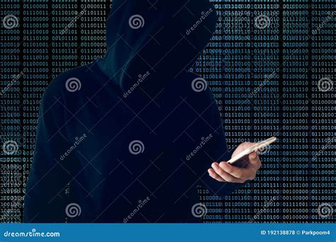 Hacker Wearing Black Hooded With Cell Phone Hacking And Stealing Big Data From Internet On Blue