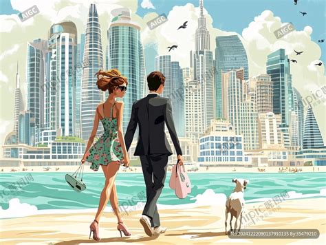 Ai创作图海滩漫步插画 海边漫步的情侣 情侣蜜月旅行 都市人插画 夏日街头情侣 海边度假的情侣 城市生活插画 外滩的情侣 海滨情侣 都市恋人男孩女孩 城市男女 情侣散步逛街 都市风情画 手绘