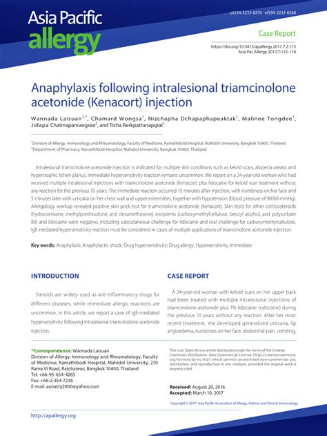 Pdf Anaphylaxis Following Intralesional Triamcinolone Acetonide