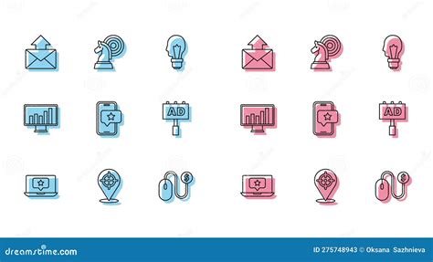 Set Line Laptop With Star Target Mail And E Mail Advertising Mobile Review Rating Monitor