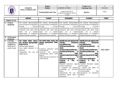 4th Week Lecture Notes Grade 8 Daily Lesson Log Region Xi Grade