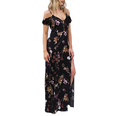 Women Dress 2017 Summer Cold Shoulder Maxi Sundress Boho Floral Sexy