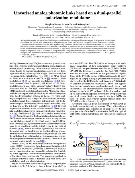 Pdf Linearized Analog Photonic Links Based On A Dual Parallel Polarization Modulator