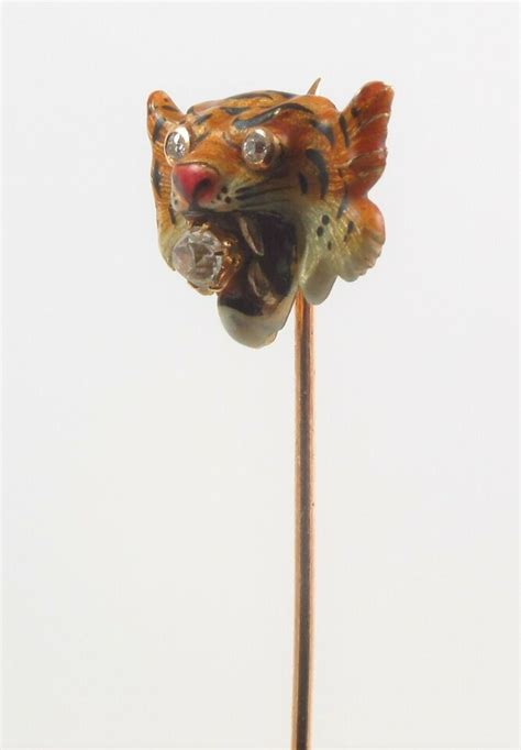 Antique 14k Gold Art Nouveau Diamond And Enamel Tiger Cat Stick Pin Ebay