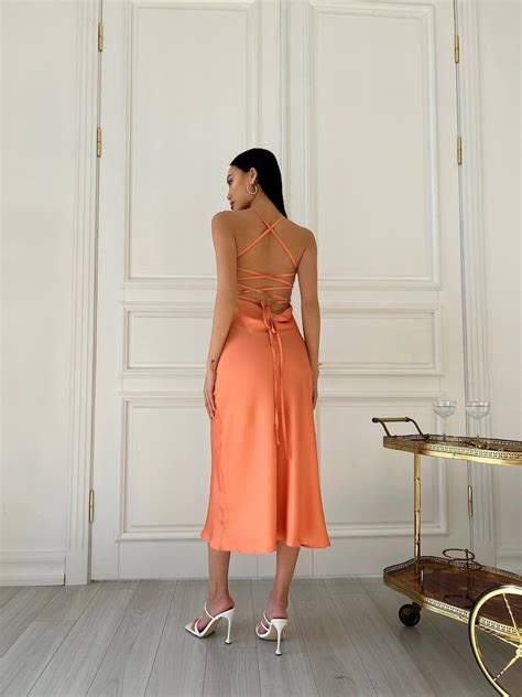 Stunning Backless Silk Slip Dress For Occasion A Line Satin Dress Cowl Neck With Lace Up Open