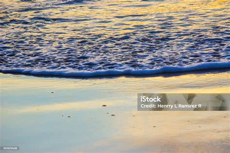 거품 해변의 바다를 닫습니다 탁 트인 해변 풍경 복사 공간 멋진 색상 보라색과 황금빛 일몰 하늘이 물에 반사되었습니다 휴가 여행 휴일 배너입니다 선택적 초점 0명에 대한