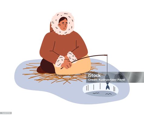 이누이트는 얼음 위에 앉아 낚싯대로 물고기를 잡고 북쪽 남자는 북극 야생 벡터 만화 삽화에서 음식을 얻는다 강에 대한 스톡 벡터 아트 및 기타 이미지 Istock