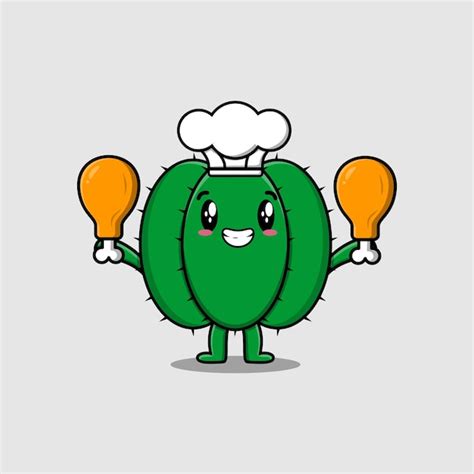 평평한 만화 스타일 삽화에서 두 개의 닭 허벅지를 들고 있는 귀여운 만화 선인장 요리사 캐릭터 프리미엄 벡터