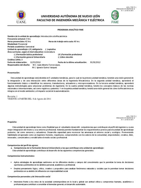 Introduccion A La Mecatronica Fime Pdf Mecatrónica Aprendizaje