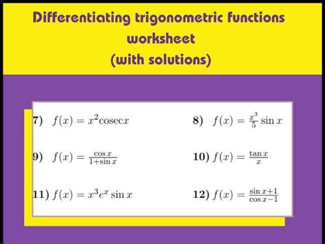 Differentiating Trigonometric Functions Worksheet With Solutions Teaching Resources